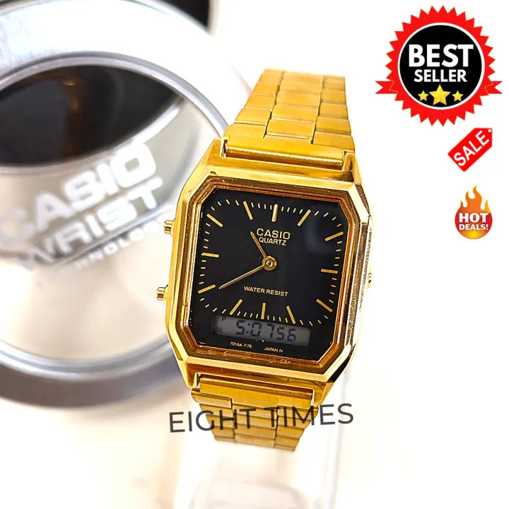 Casio Quartz Analog Digital AQ-230 Vintage Gold Black Dial Stainless ...