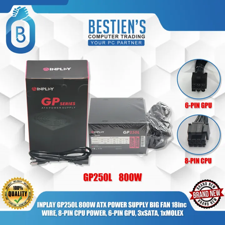 INPLAY GP250L 800W ATX POWER SUPPLY BIG FAN 18inc WIRE, 8-PIN CPU POWER ...