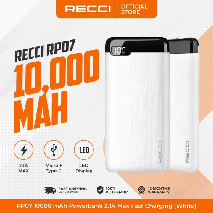 Recci RP07 10000 mAh Powerbank 2.1A Max Fast Charging Dual USB-A Output, Micro + Type-C Input ...